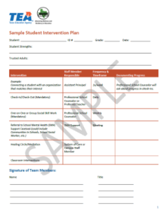 Sample Student Mental Health Intervention Plan - Texas School Mental Health